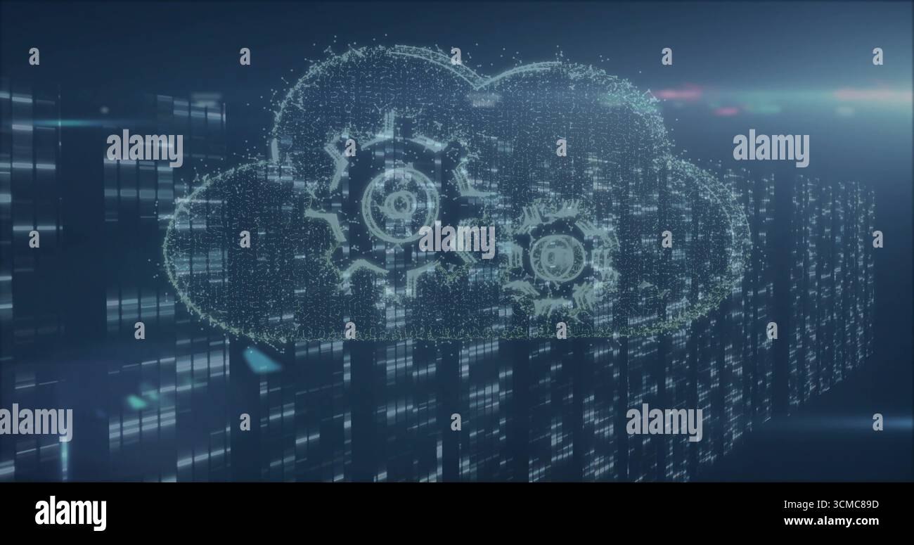 Displaying holographic cloud icon in virtual datacenter, with gears, grid lines and data streams ...
