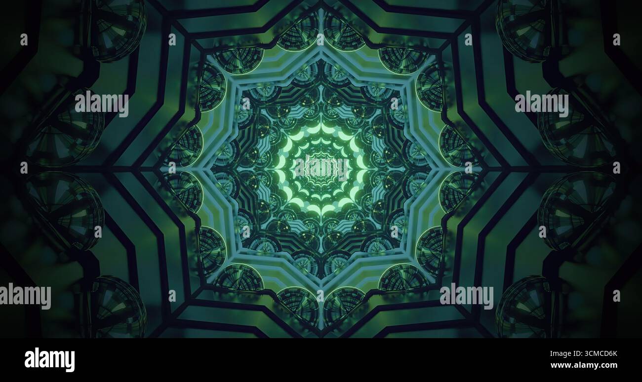 Intricate geometric design features vibrant green hues in a spiraling ...