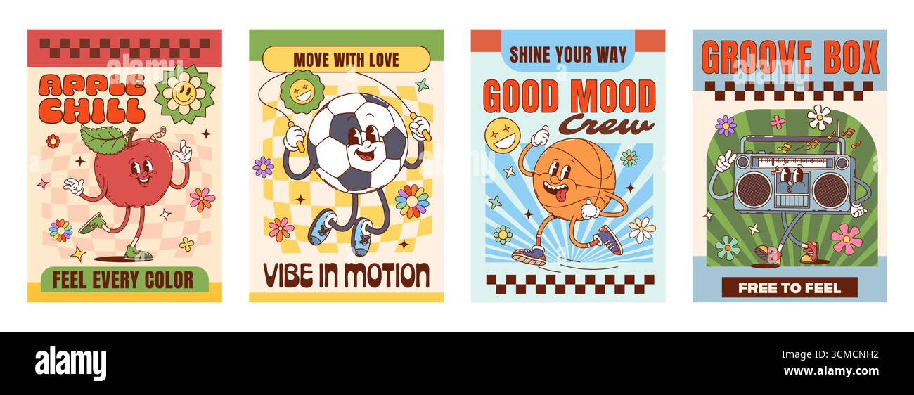 Hippie groovy character posters at psychedelic pattern vector ...