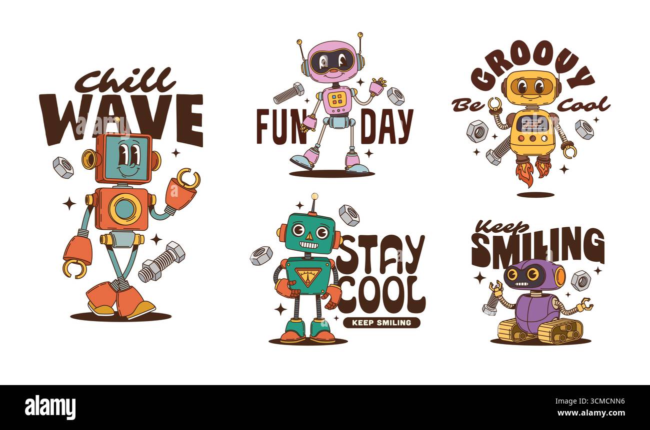 Funny robot and droid groovy characters stickers and t shirt prints ...