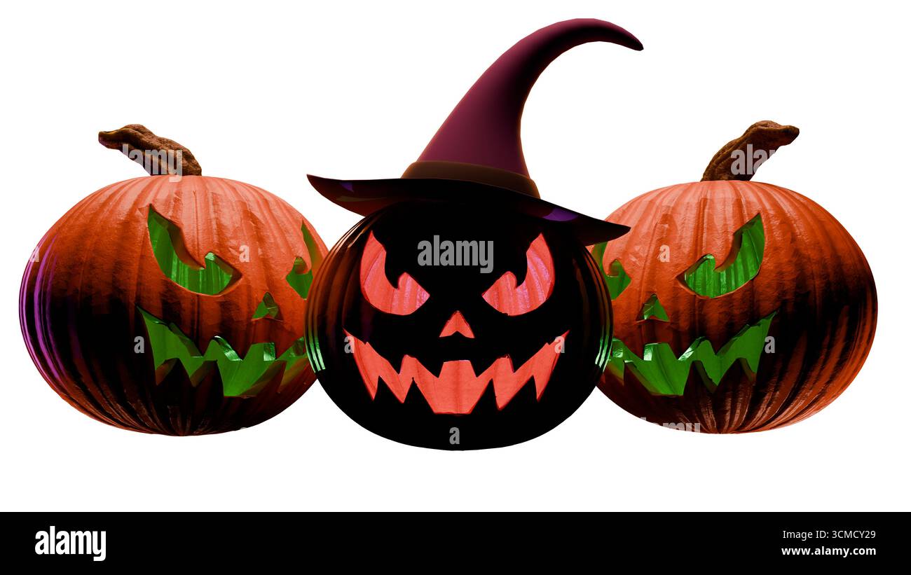 Scary jack o lantern pumpkins including one with witch hat glowing in ...