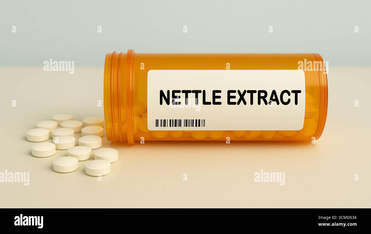 Box of NETTLE EXTRACT tablets on a hospital pharmacy table used to ...