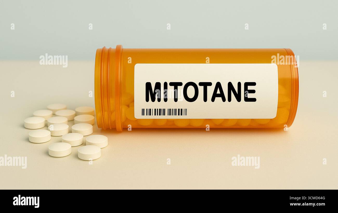 Box of MITOTANE tablets on a hospital pharmacy table used to treat ...