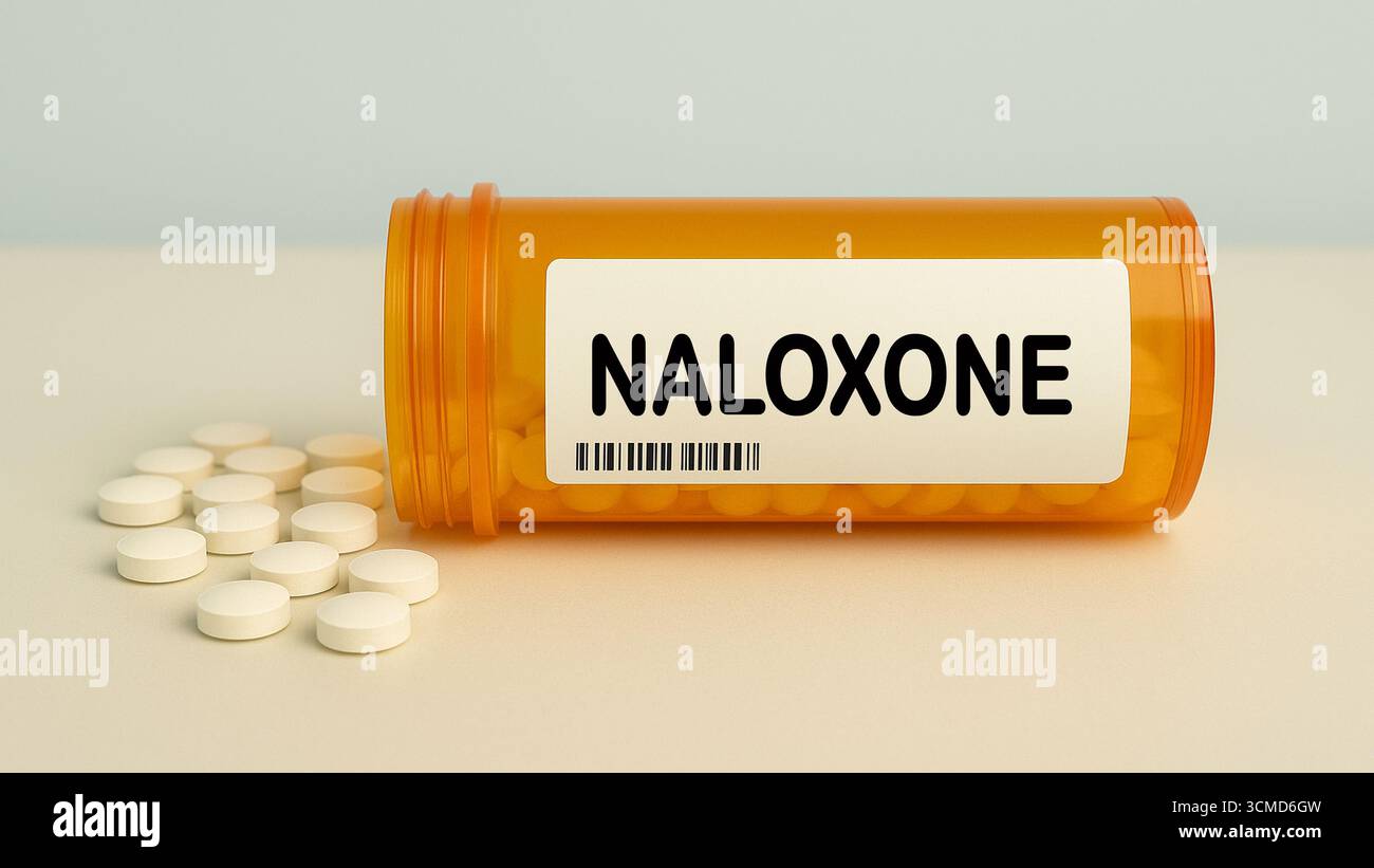 Box of NALOXONE tablets on a hospital pharmacy table used to reverse ...