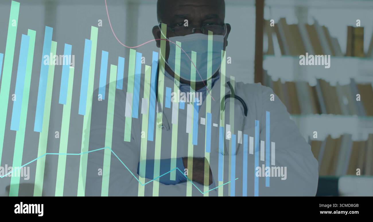 Standing Black doctor crossing arms in medical office, wearing mask ...