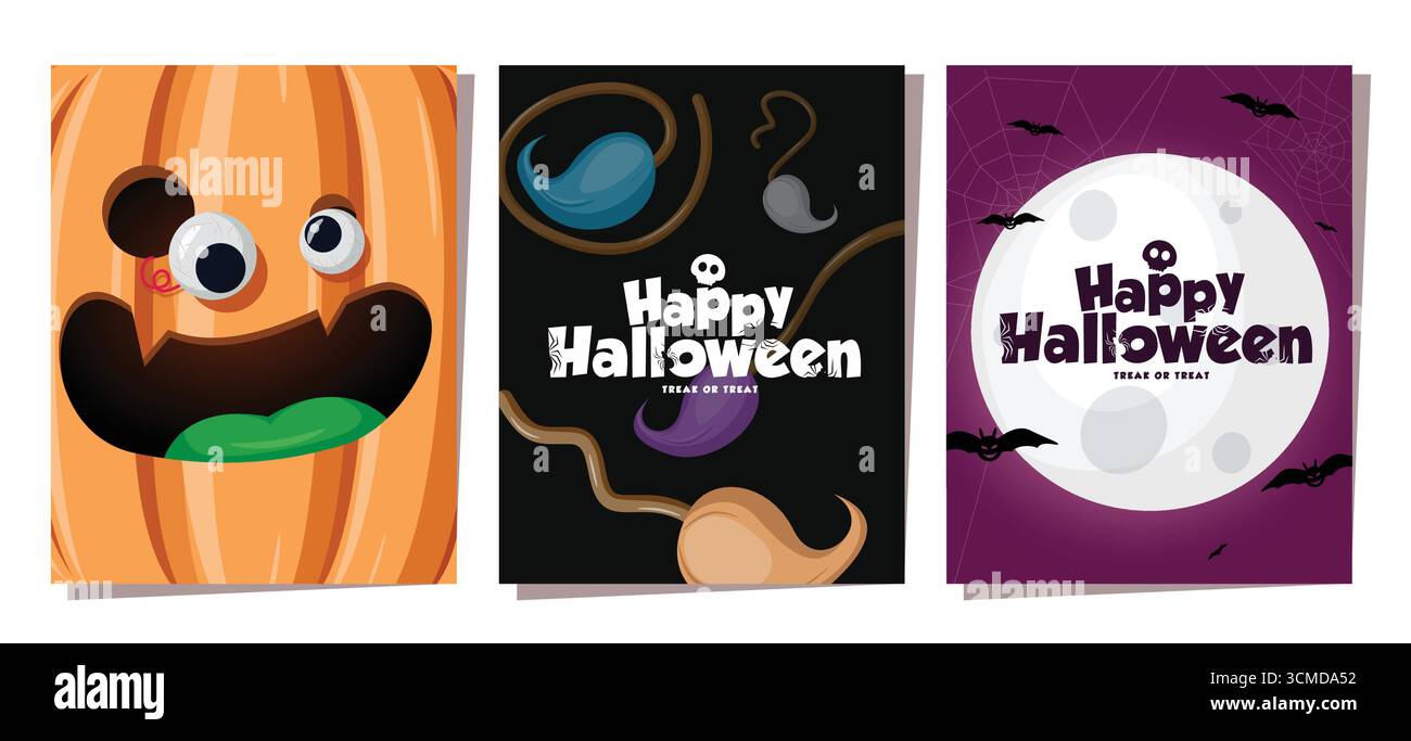 Halloween card and poster set with funny pumpkin face, bats, moon, and ...