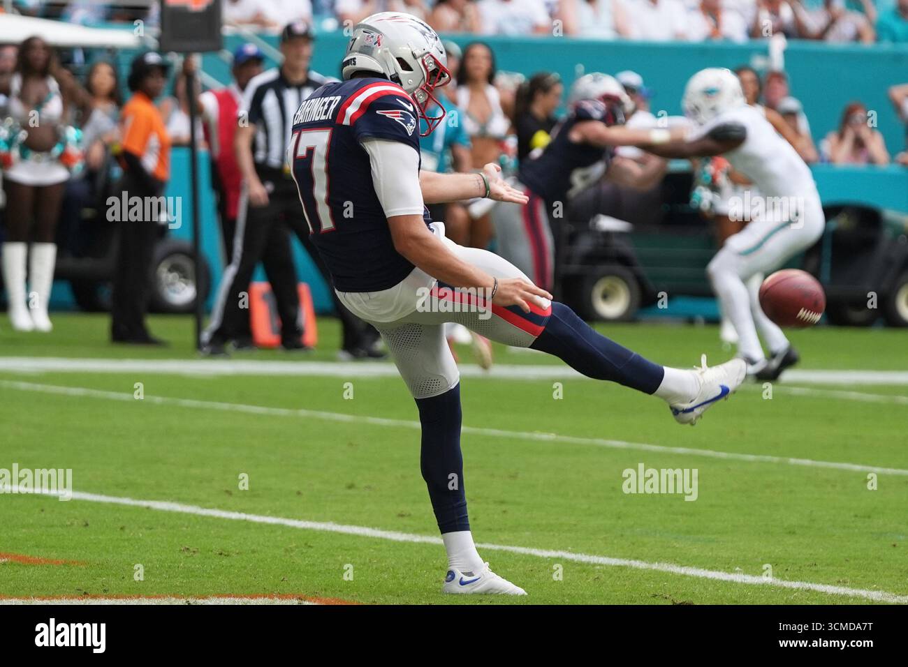 New England Patriots punter Bryce Baringer (17) punts during the second ...