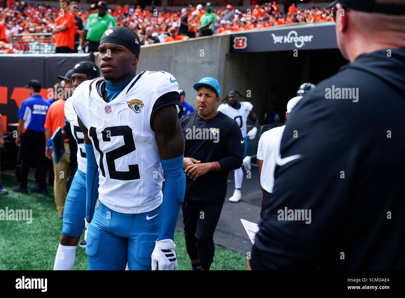 Jacksonville Jaguars wide receiver Travis Hunter (12) walks out of the ...