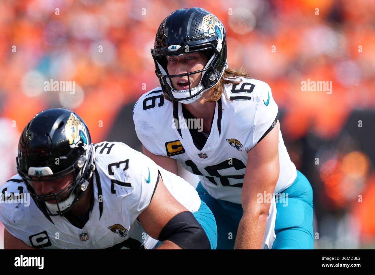 Jacksonville Jaguars quarterback Trevor Lawrence (16) looks on during an NFL football game ...