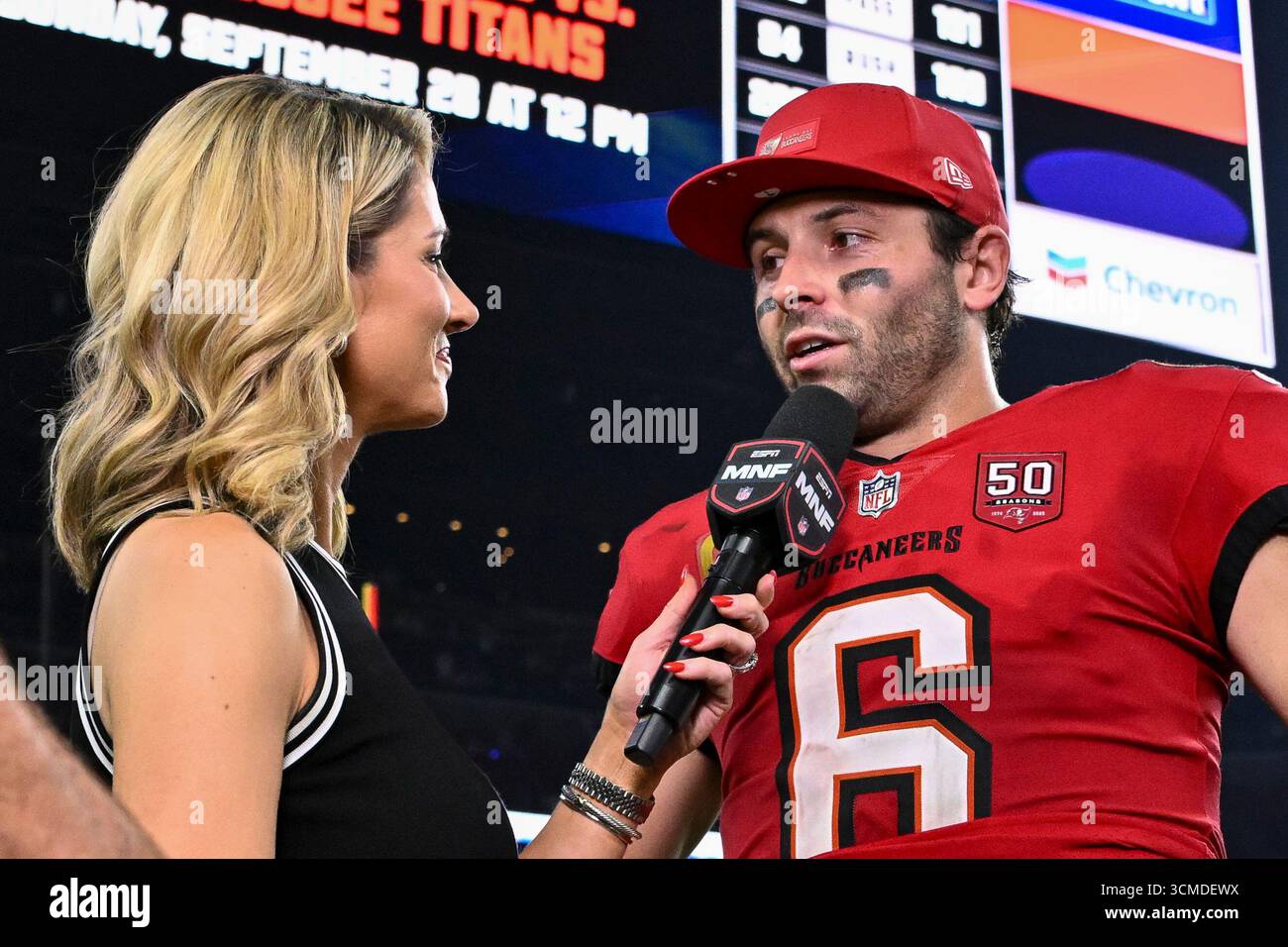 Tampa Bay Buccaneers quarterback Baker Mayfield (6) speaks during an interview on the field ...