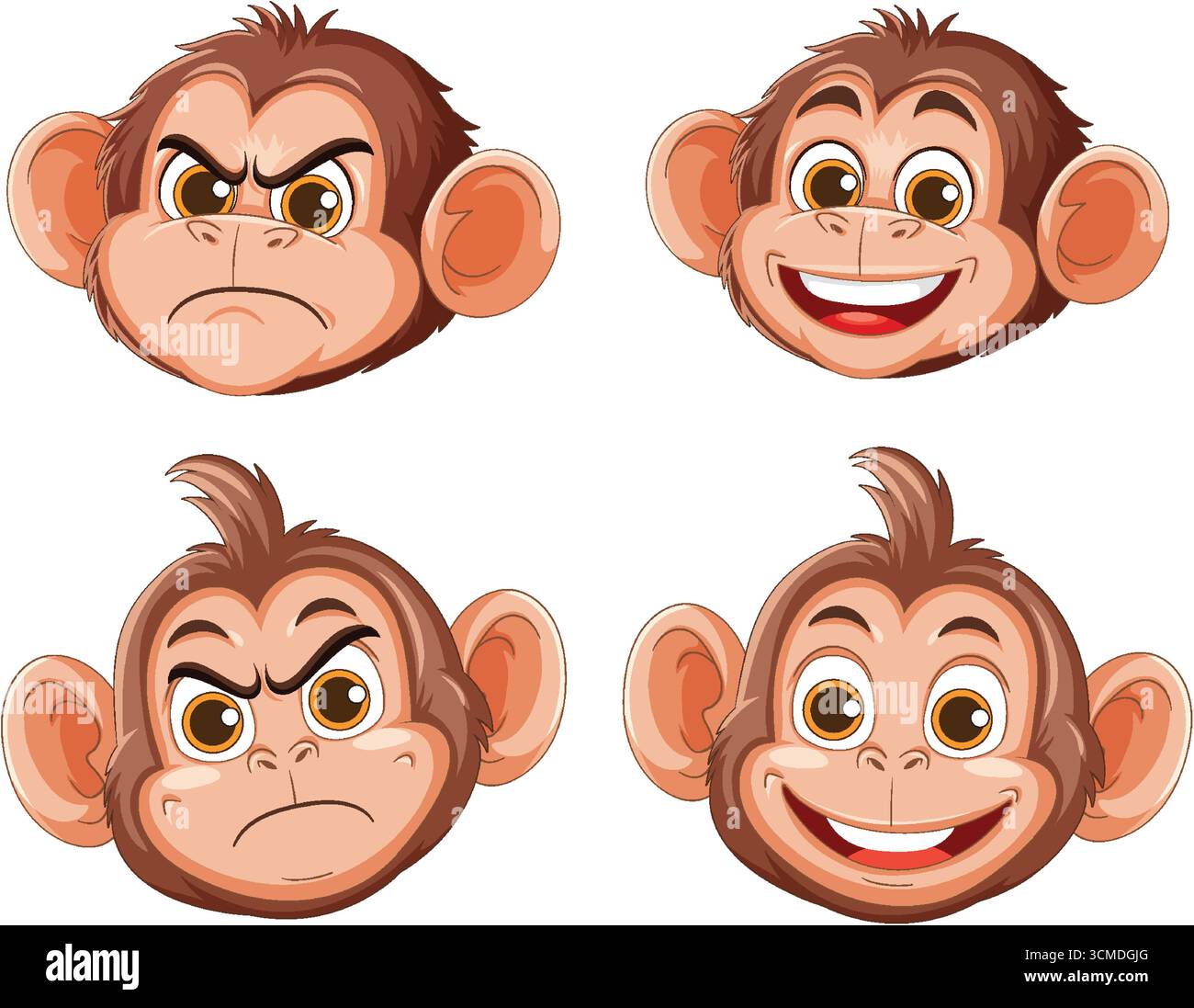 Cartoon vector of monkey head with bold outlines, showing multiple ...