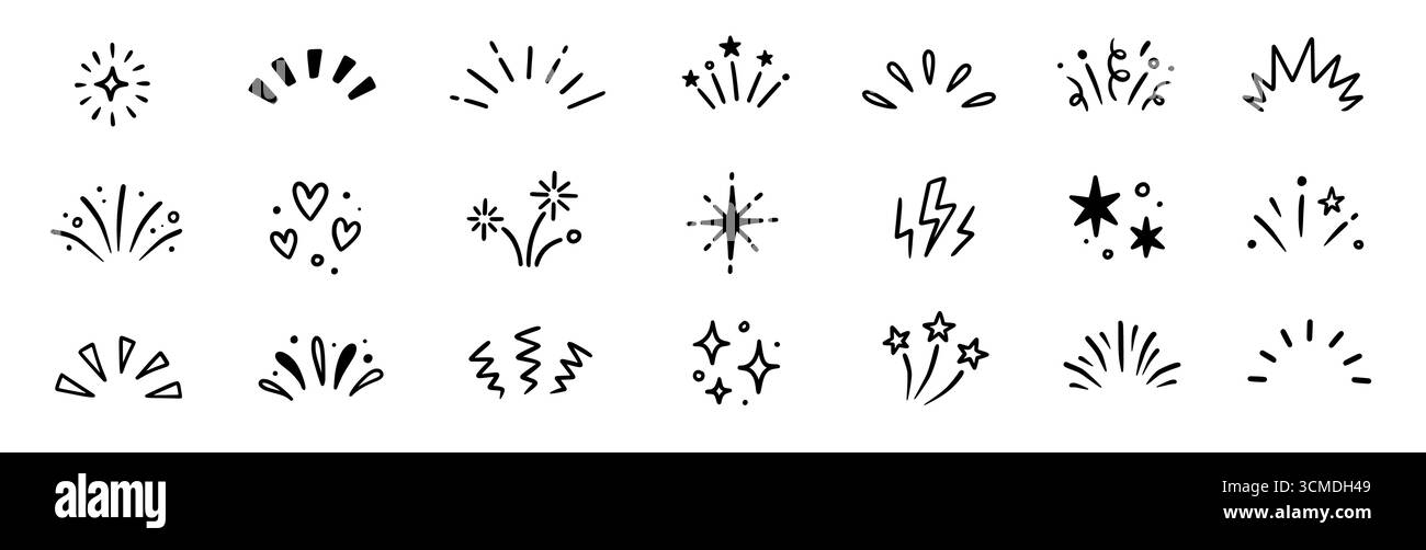 Line surprise icon element set. Hand drawn line sun bursts, cartoon ...