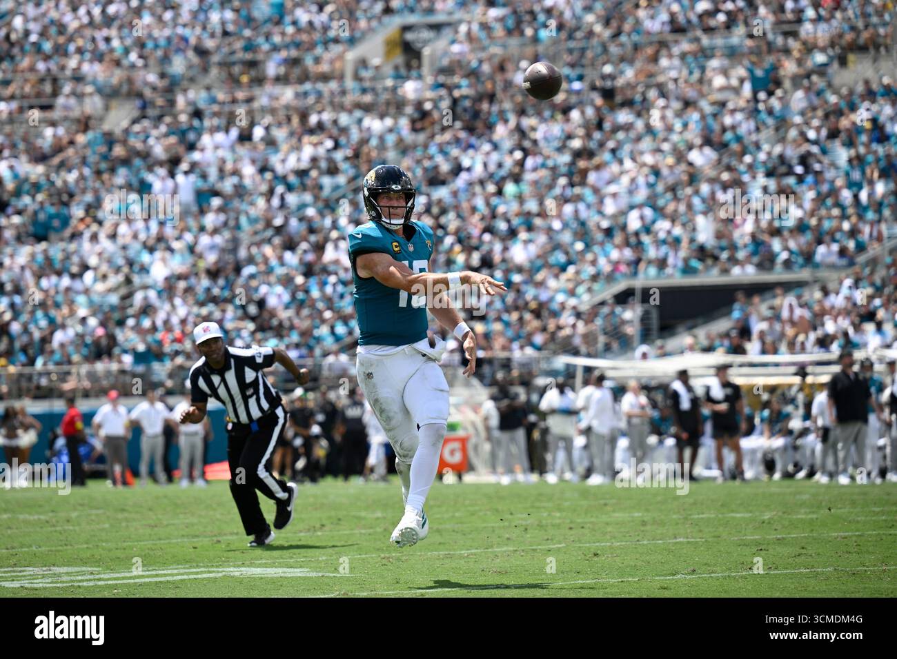 Jacksonville Jaguars quarterback Trevor Lawrence (16) throws for a ...