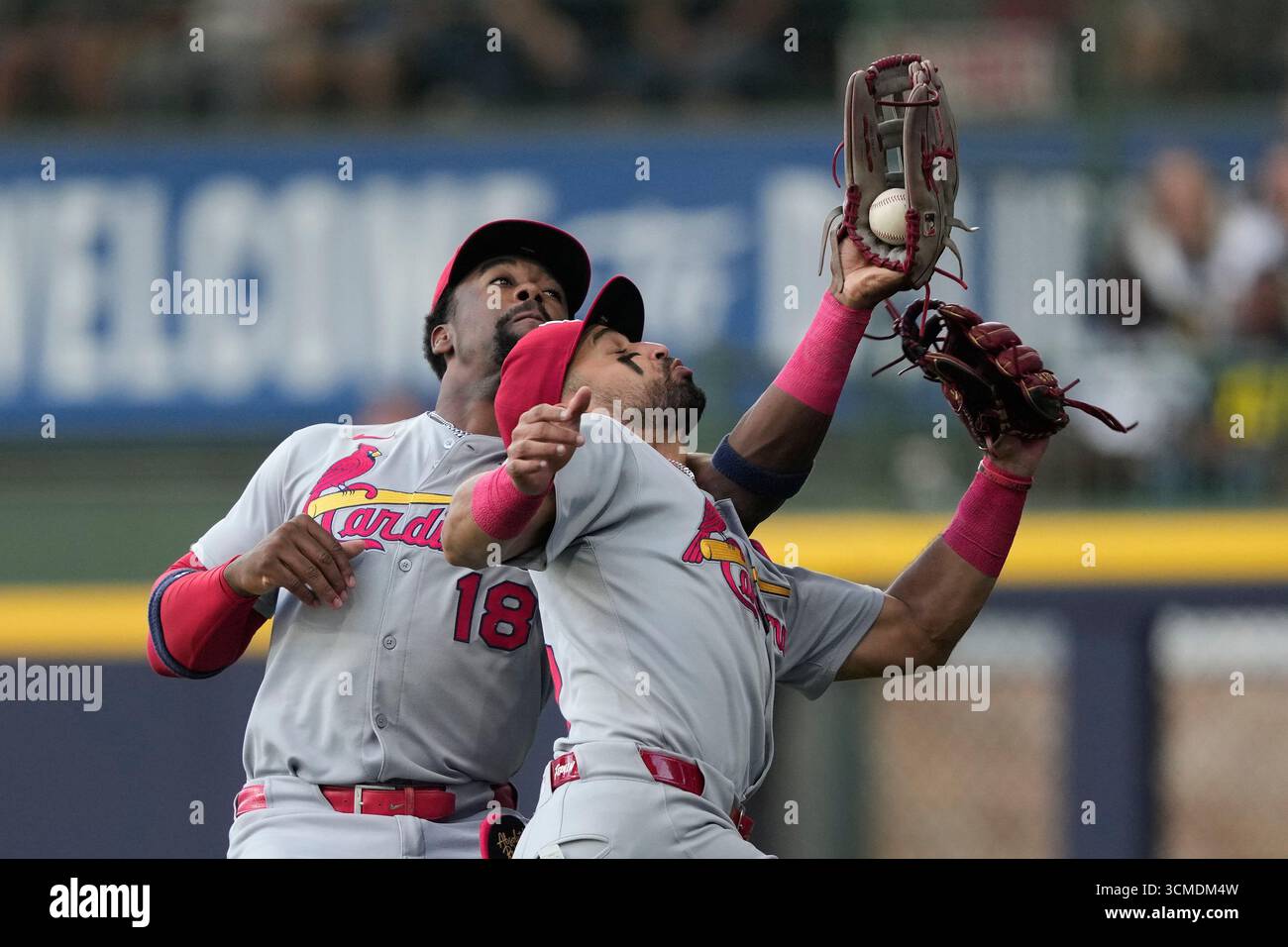 St. Louis Cardinals' Jordan Walker, left, catches a fly ball as he ...