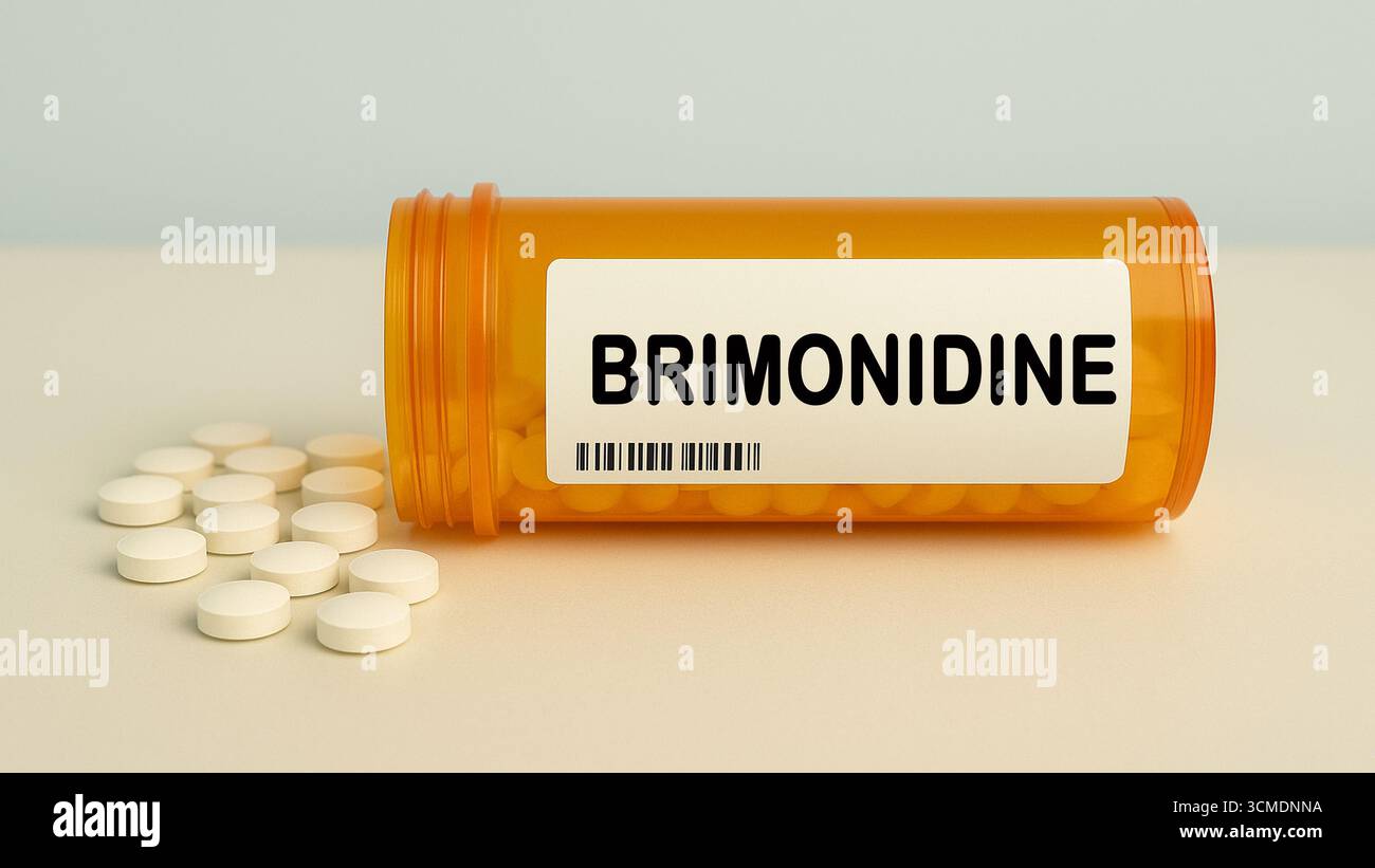 Box of BRIMONIDINE tablets on a hospital pharmacy table used to lower ...