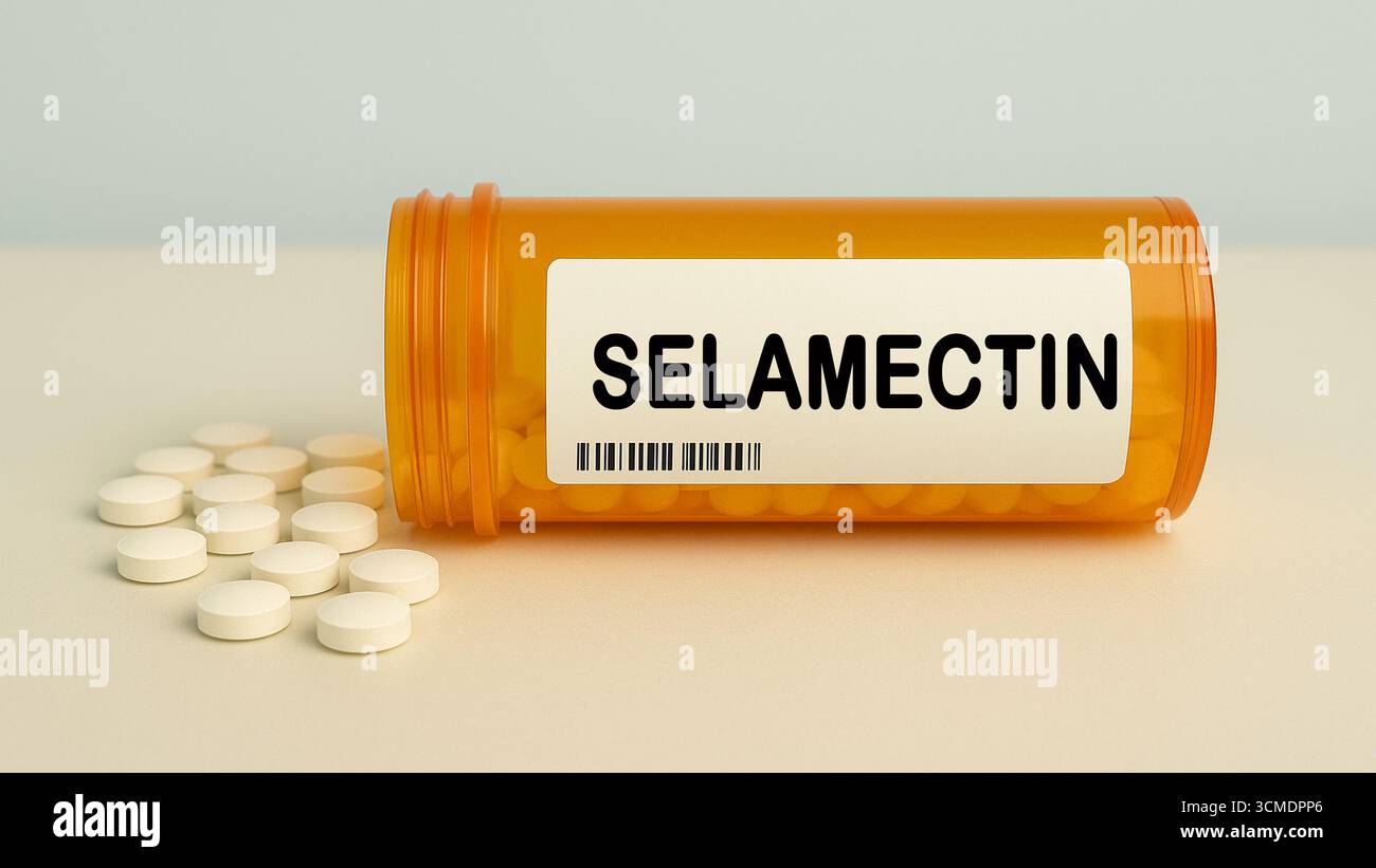 Box of SELAMECTIN tablets on a hospital pharmacy table used to prevent ...