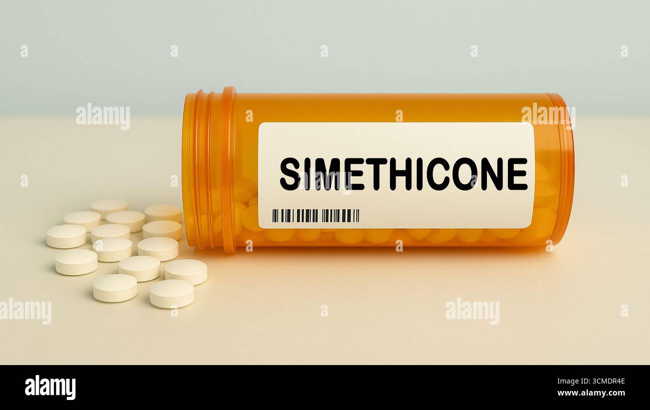 Box of SIMETHICONE tablets on a hospital pharmacy table used to relieve ...
