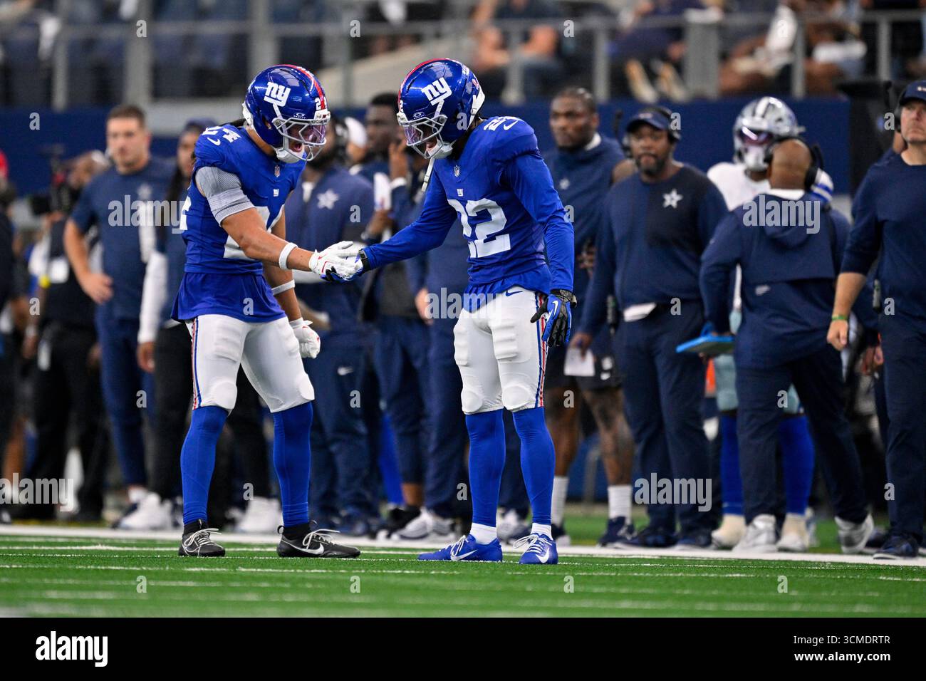 New York Giants safety Dane Belton (24) and cornerback Dru Phillips (22 ...