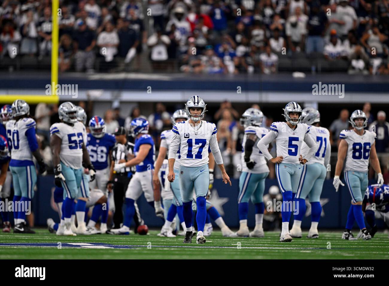 Dallas Cowboys place kicker Brandon Aubrey (17) walks on to the field ...