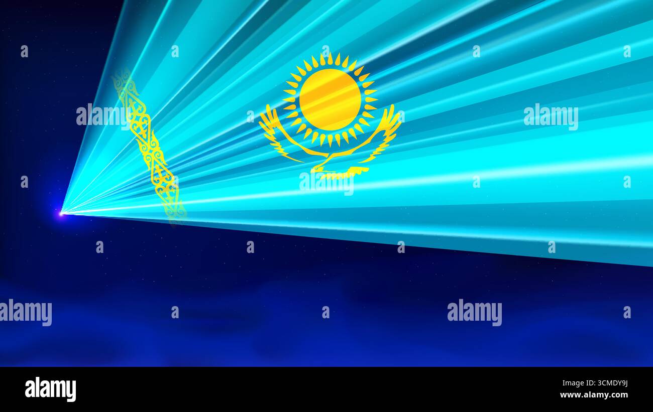 Laser flag of kazakhstan. Laser show on dark blue background. Kazakh ...