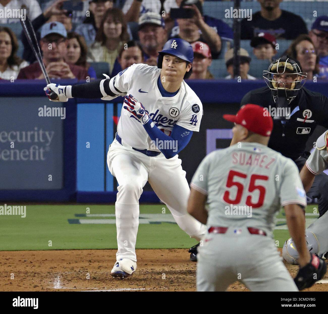 Los Angeles Dodgers designated hitter Shohei Ohtani hits a double off ...