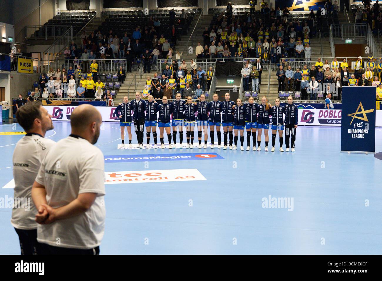 Players of Storhamar are seen before the EHF Champions League handball game between Storhamar ...