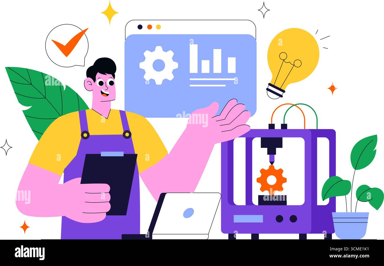 3D Printing Workshop Vector Illustration Featuring an Innovative ...