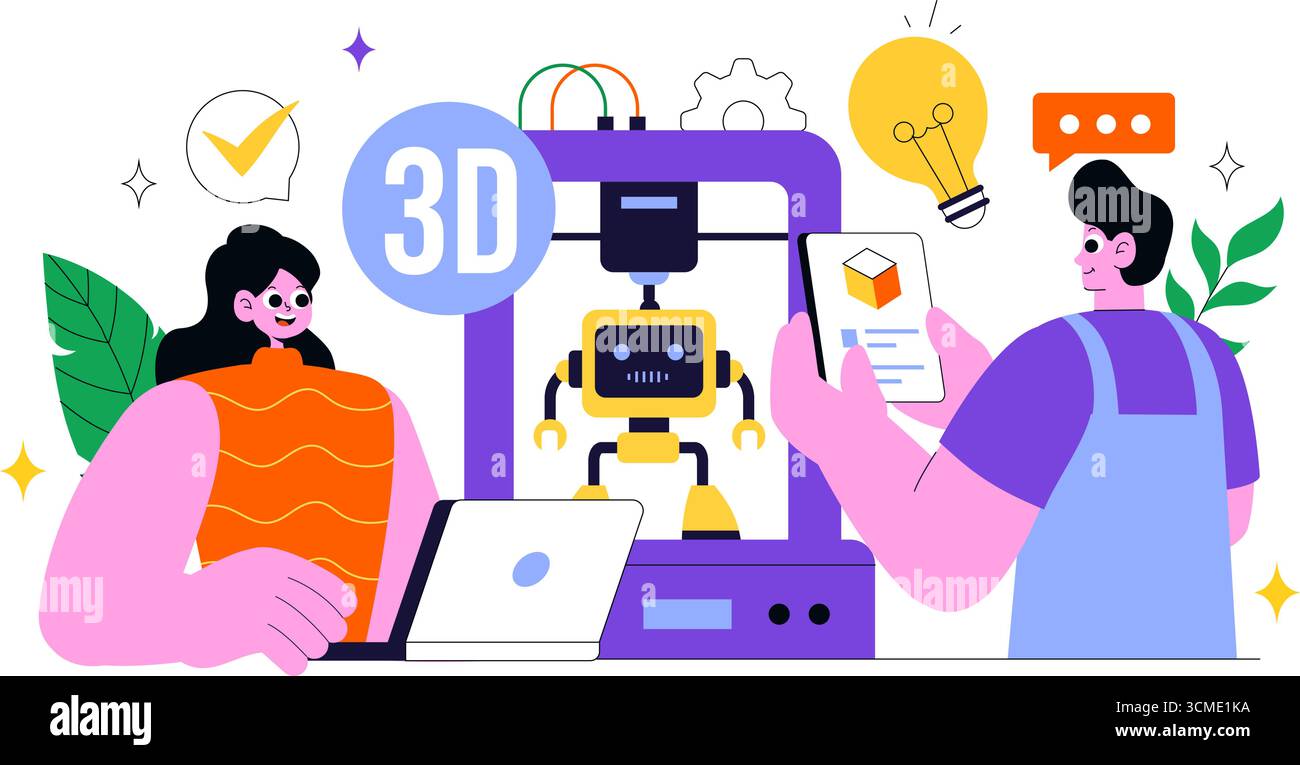 3D Printing Workshop Vector Illustration Featuring an Innovative ...