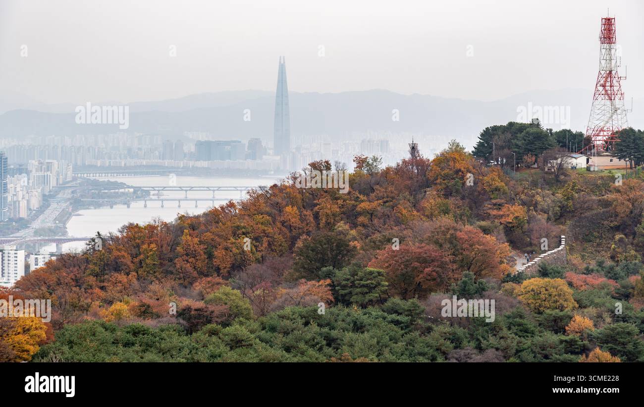 Smog pollution and yellow dust covering cityscape of Seoul, capital of ...