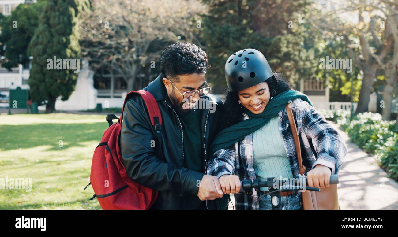 Smile, couple and students on scooter with help, partner support and ...