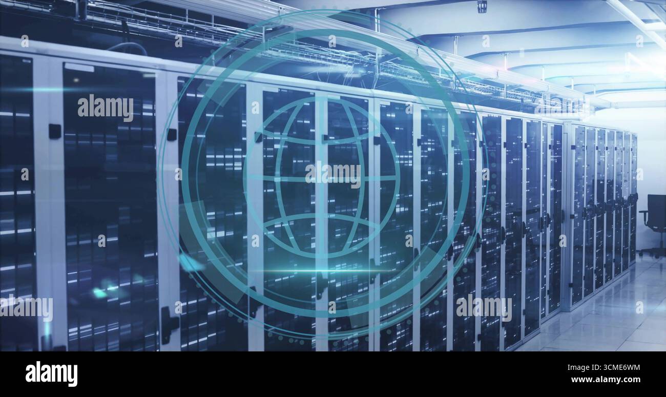 Hovering holographic globe overlay inside data center corridor, with ...