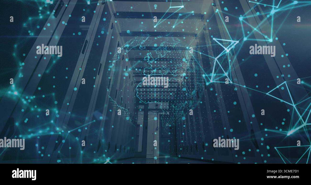 Projecting digital network globe hologram floating down server room ...