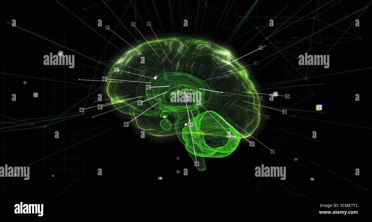 Projecting neon green wireframe brain in virtual grid, radiating ...