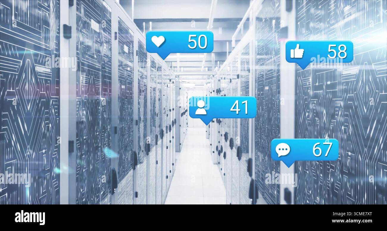 Illuminating data center corridor revealing server racks, cable trays ...
