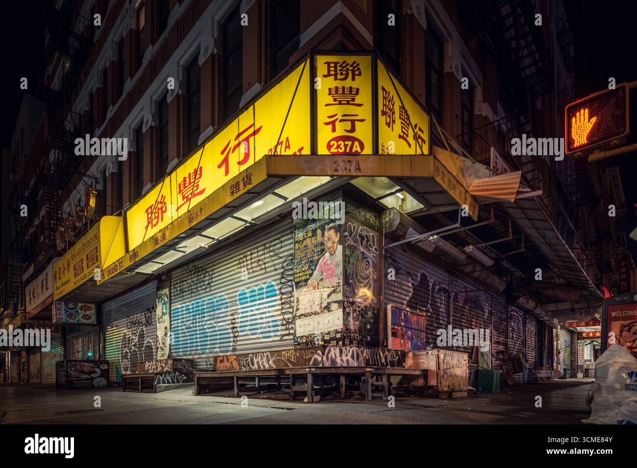 Graffiti Covered Chinatown Corner with Neon Chinese Signs and Closed ...