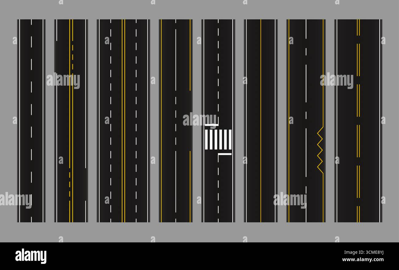Roads top view with marking lines and black asphalt vector texture. Straight vertical street ...