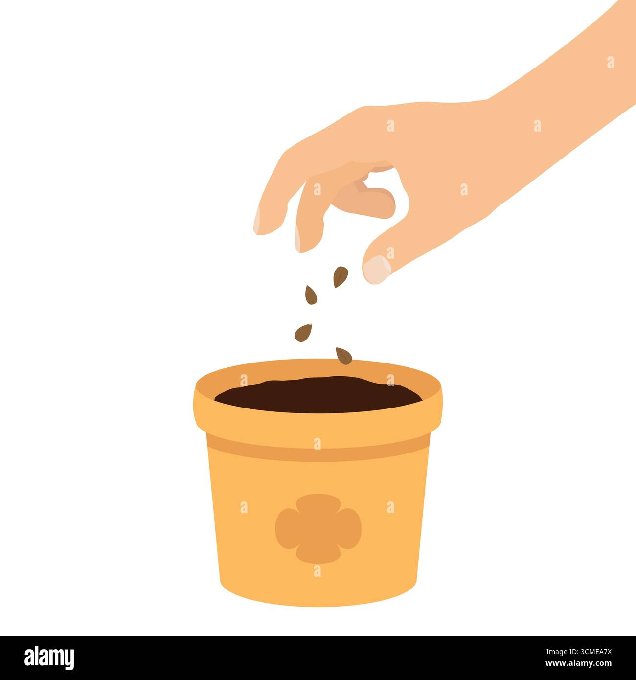 Hand sowing seeds into flower pot with soil. Vector illustration Stock ...