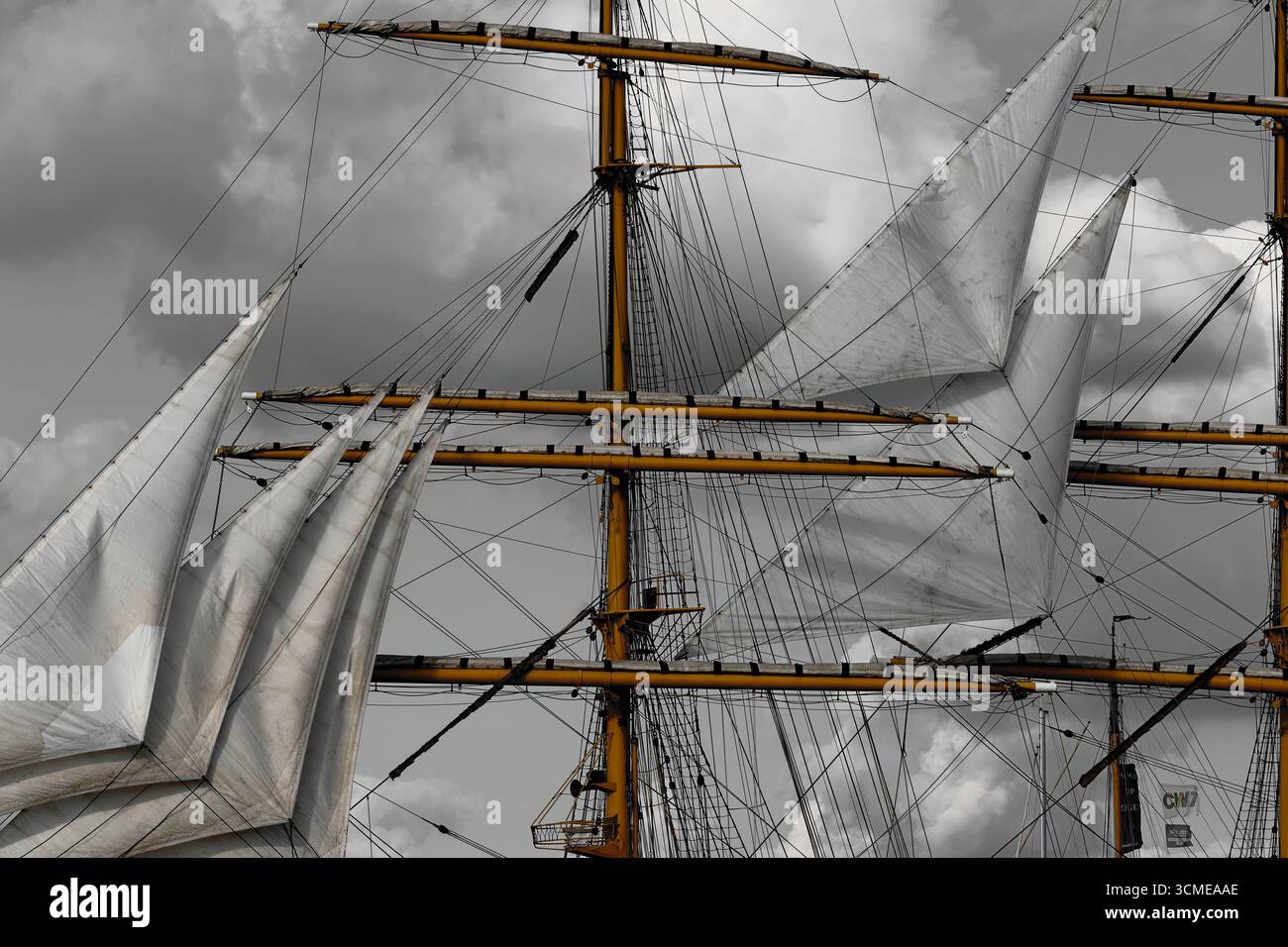 Rigging and white sails on the German training ship Gorch Fock during ...