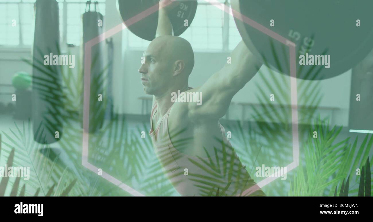 Lifting muscular man in sportswear holding Olympic barbell overhead at ...
