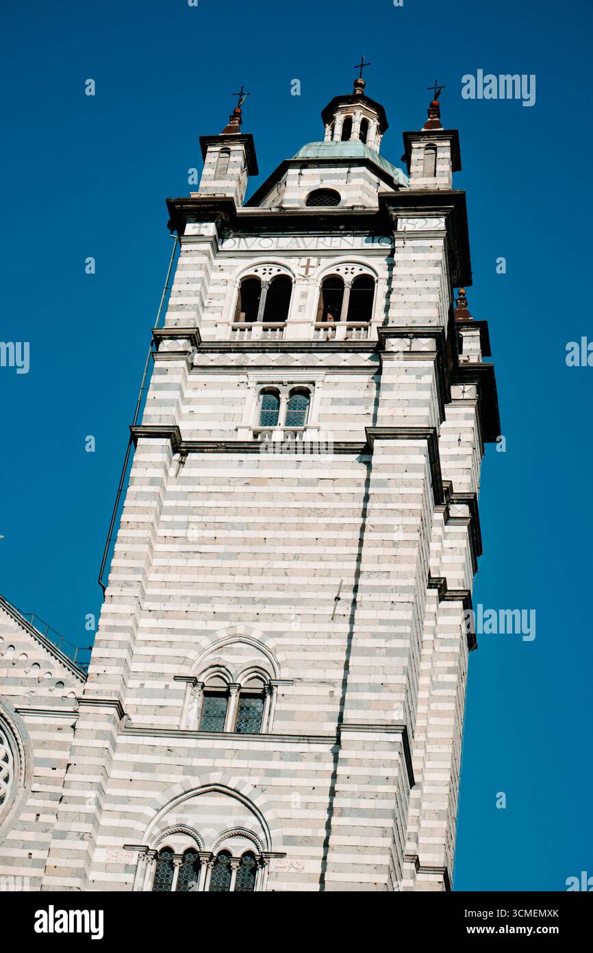 detail of the bell tower of the Cathedral of San Lorenzo in Genoa ...