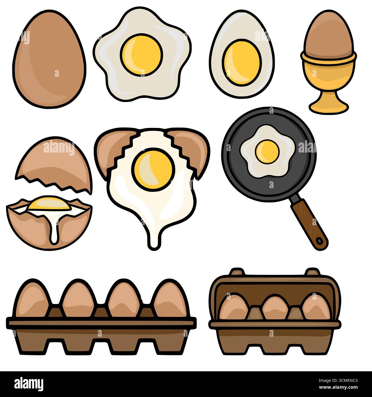 A playful vector illustration showcasing various stages of egg preparation, from whole eggs in a ...