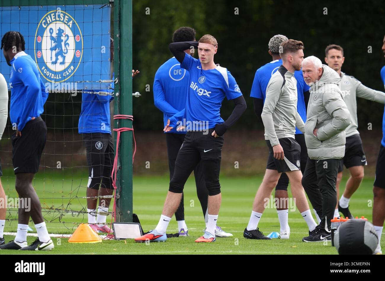 Chelsea's Cole Palmer (centre) during a training session at Cobham ...