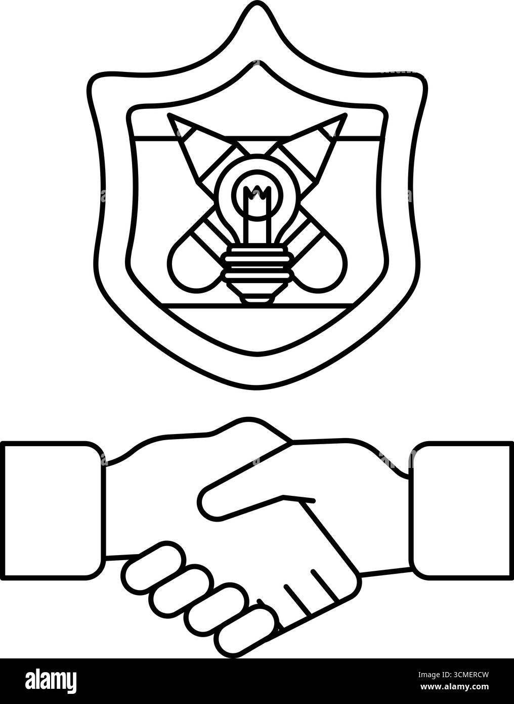 A handshake between two people is shown with a shield behind them. The ...