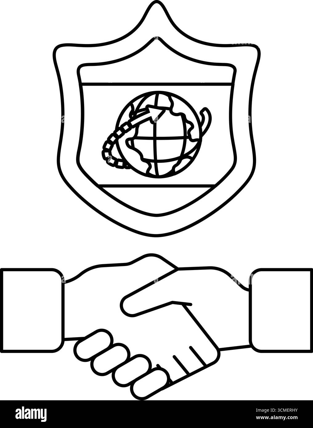 A handshake between two people is shown with a shield in the background ...