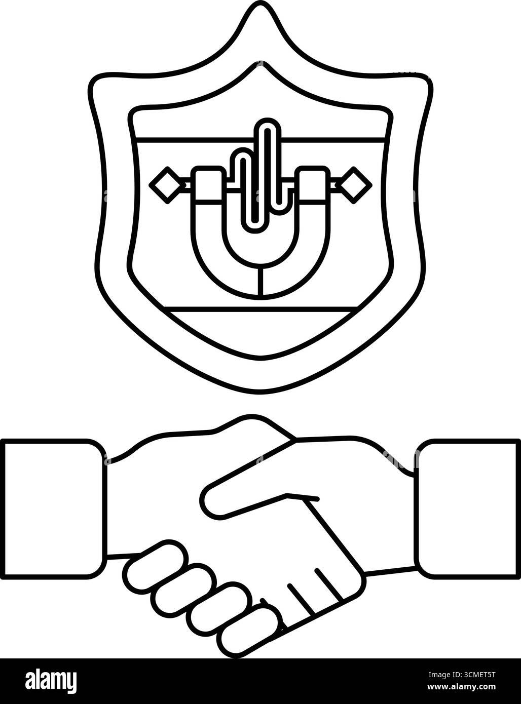 A handshake between two people is shown with a shield behind them. The ...