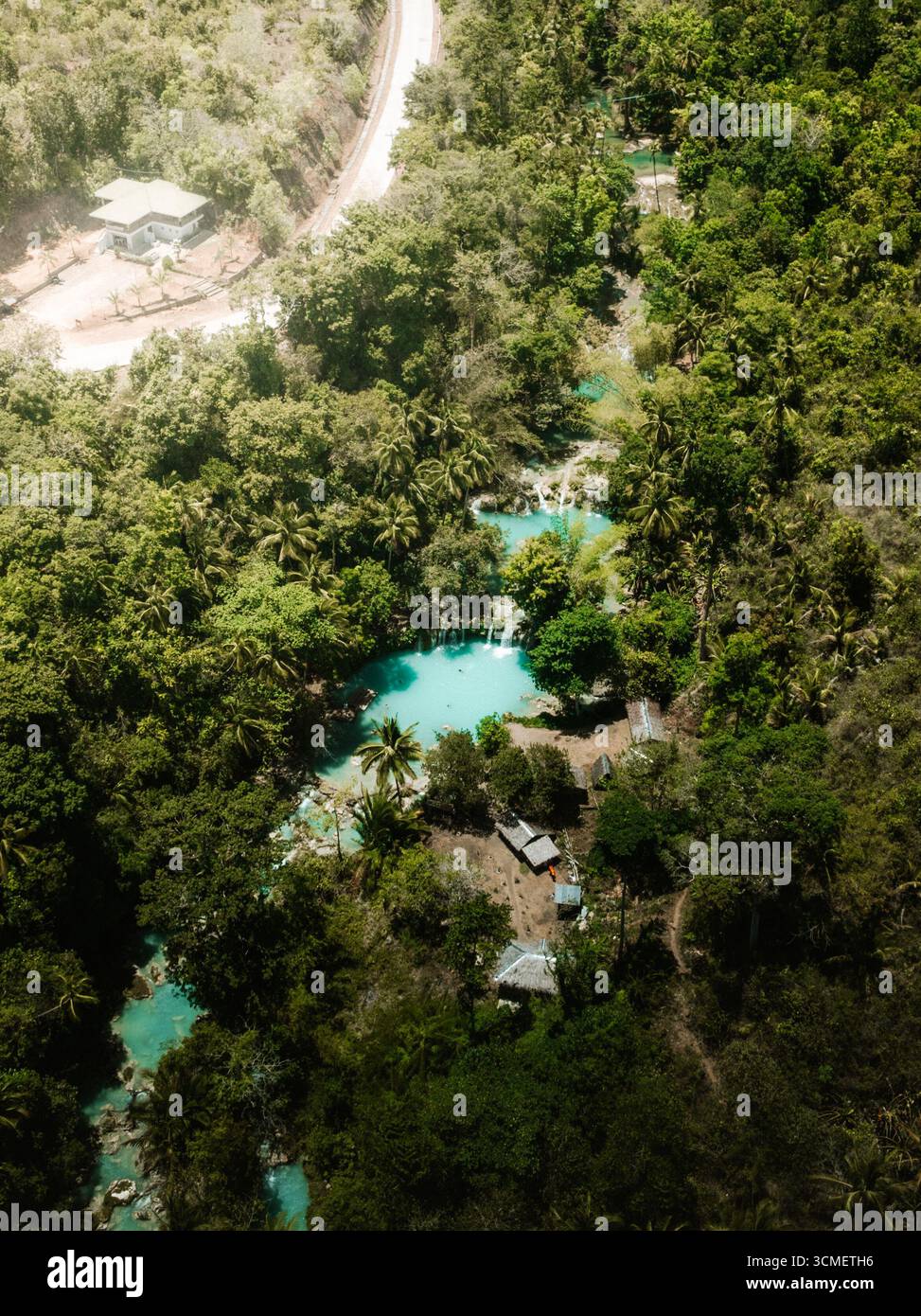 turquoise jungle oasis with cascading waterfalls and traditional huts ...