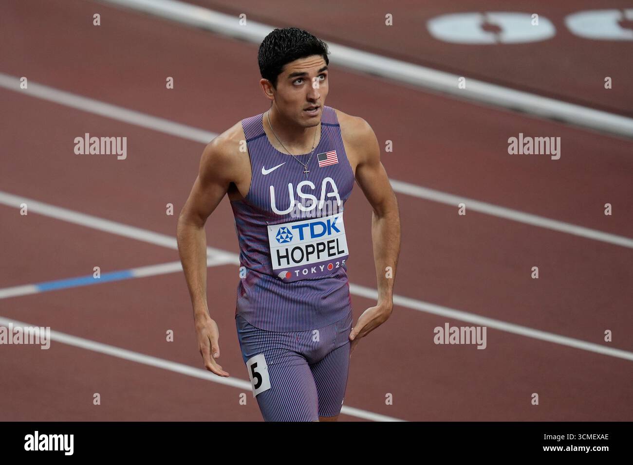 United States' Bryce Hoppel reacts after competing the men's 800 meters ...