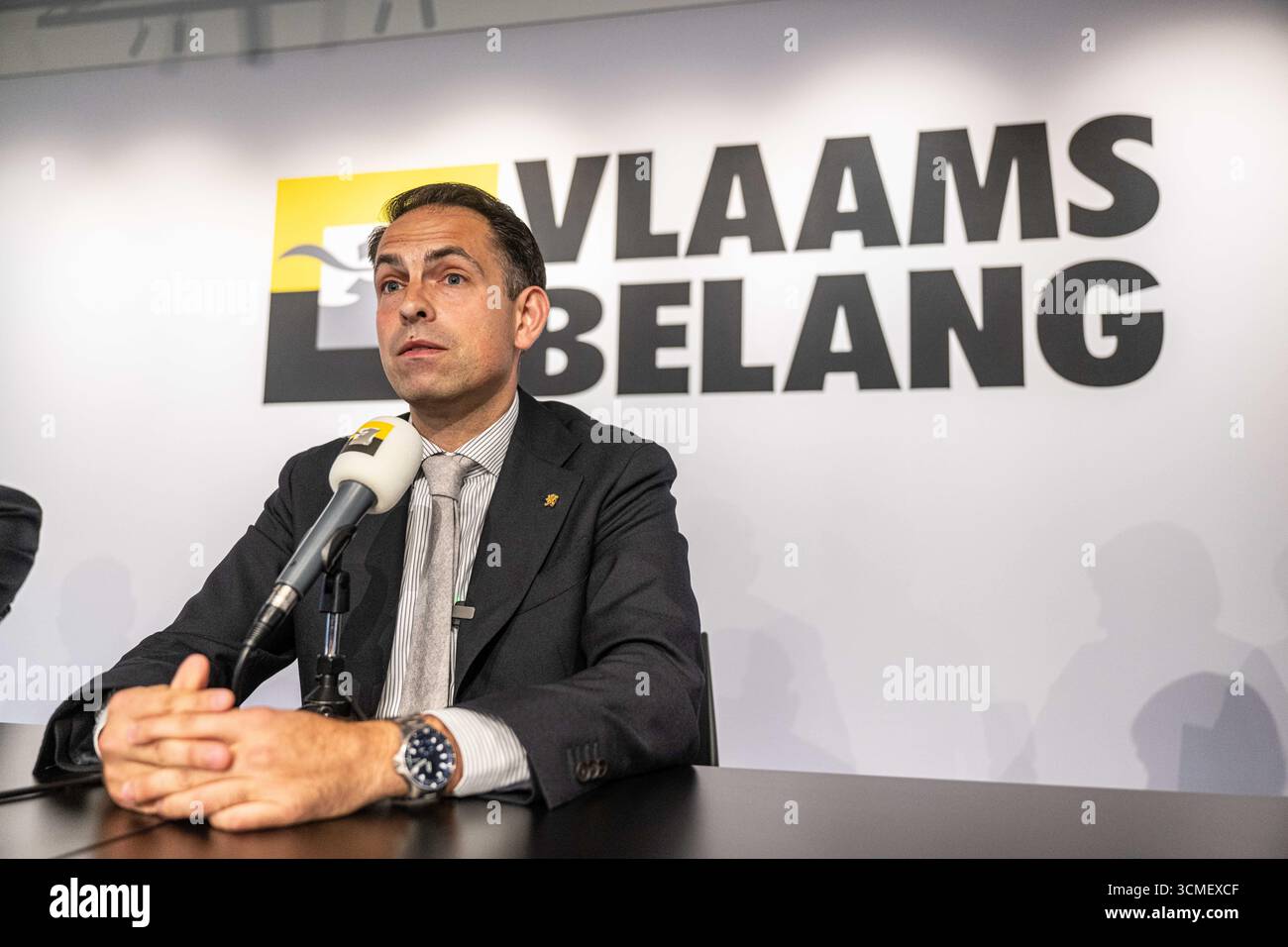 Vlaams Belang chairman Tom Van Grieken is pictured during a press ...
