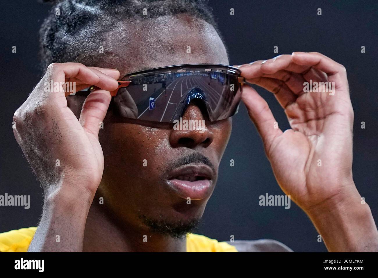 Jamaica's Navasky Anderson prepares to start a men's 800 meters heat at ...