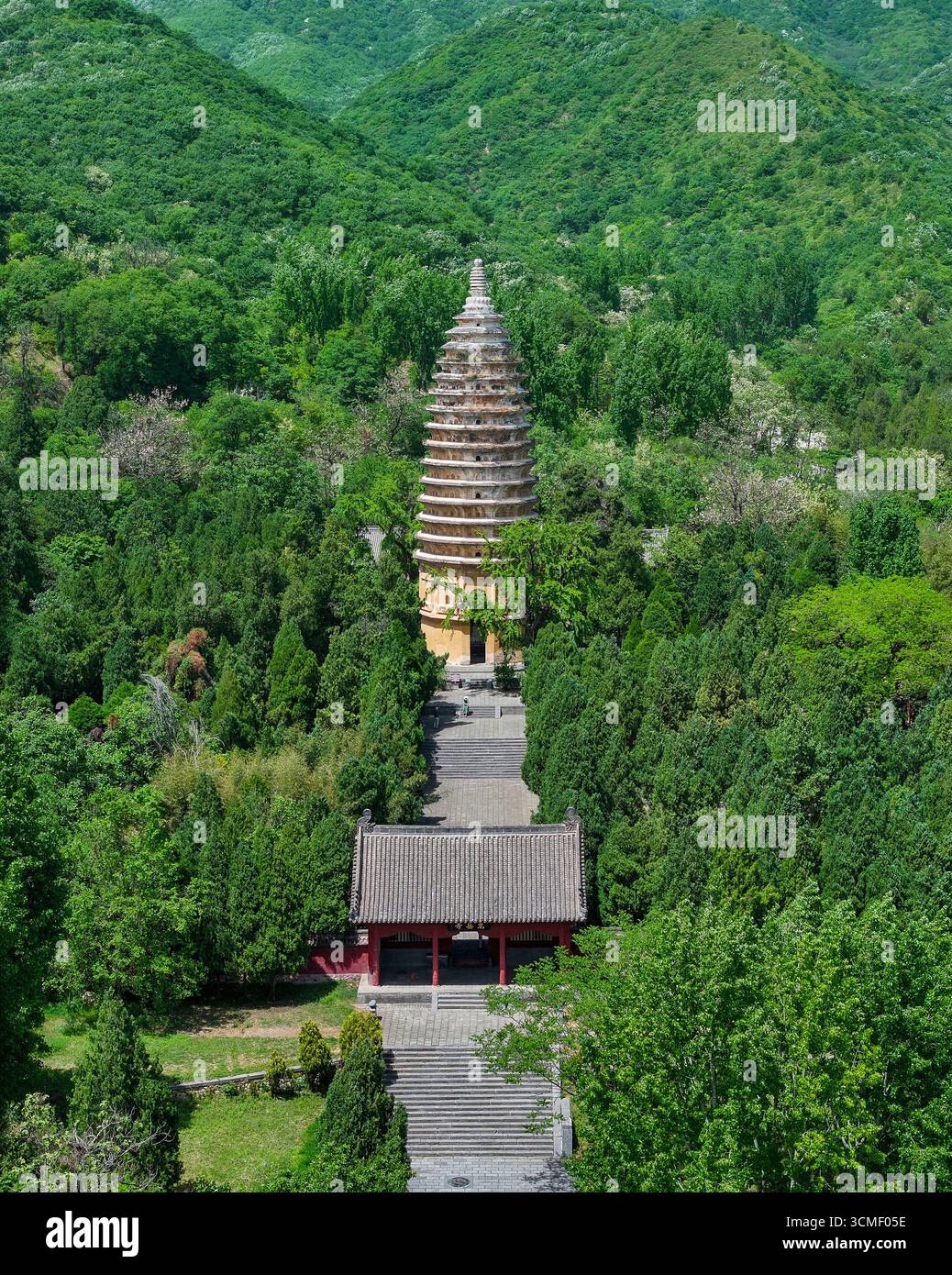 Aerial photography of Songyue Temple Pagoda on Taishi Mountain in ...